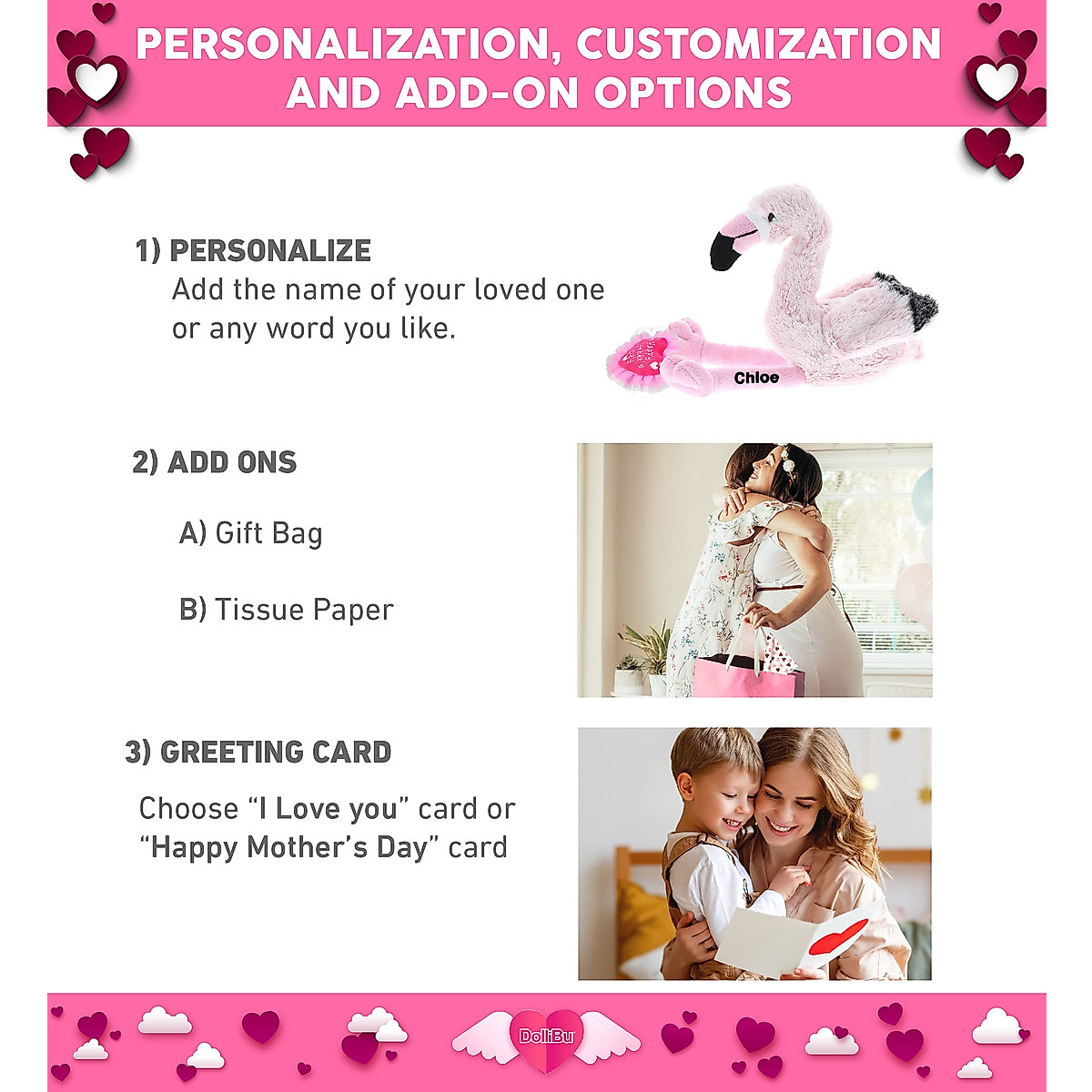 DolliBu Happy Mother's Day Super Soft Plush Pink Flamingo Doll Figure - Cute Stuffed Animal with Pink Heart Message for Best Mommy, Grandma, Wife, Daughter - 8" Inches