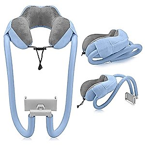 Linkidea Neck Pillow Phone Holder for Bed, 2 in 1 Adjustable Gooseneck Cell Phone Stand with 360 Clip, Flexible Tablet Arm Pillow for Neck, Compatible with Smartphone Size from 4"-10" (Blue)