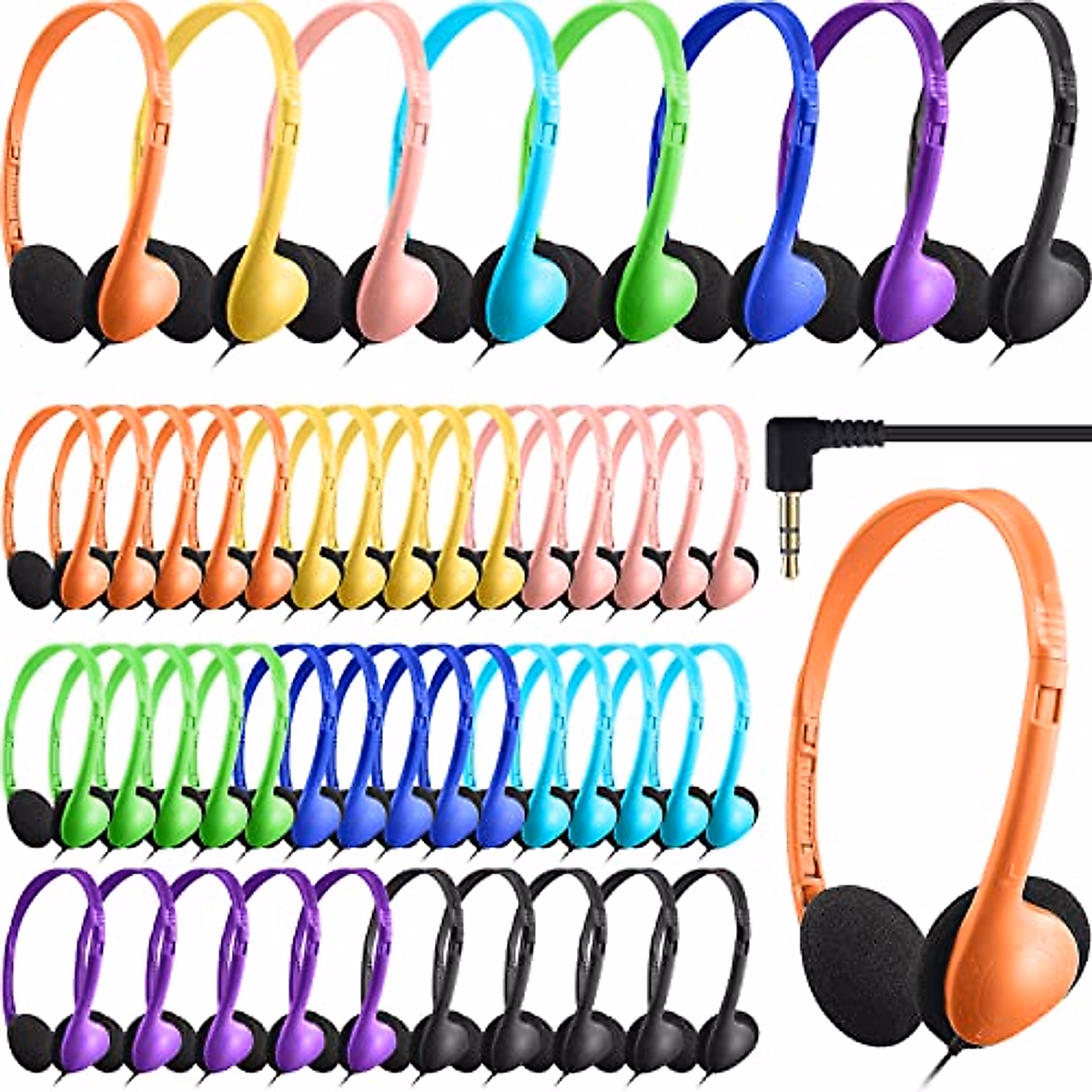 48 Pack Classroom Headphones Bulk Colorful Student Headphones Adjustable Headphone with 3.5 mm Plug Comfortable Library Headphone for Kid Adult School Classroom Museum Testing Airplane, 8 Colors