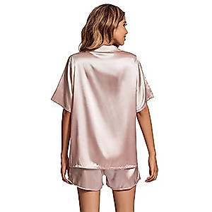 LYANER Women's Satin Silk Pajama Set Collar Short Sleeve Shirt with Shorts PJ Loungewear Pink X-Large