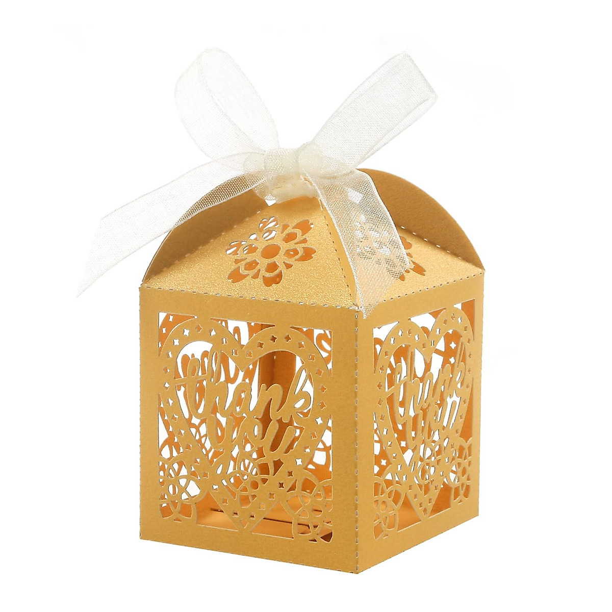 COTOPHER Laser Cut Boxes, 100pcs Thank You Gift Boxes Wedding Party Favor Boxes Lace Candy Boxes for Wedding Bridal Shower Baby Shower Birthday Party Decorations with Ribbons (Gold, 100)