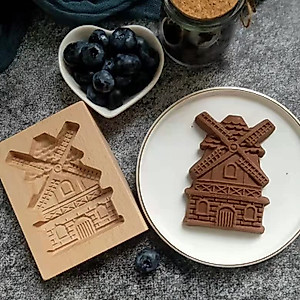 Carved Wooden Cookie Mold Kitchen Cookie Cutter Gingerbread Cookie Stamp Biscuit Press Stamp Molds Pine Cones Provence Rose Cookie Cutter for Cookie Stamp (Windmills)