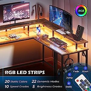 SUPERJARE L Shaped Computer Desk with Power Outlets & LED Lights, Gaming Desk with Monitor Stand & Storage Shelf, Home Office Desk Corner Desk with Hooks, Rustic Brown