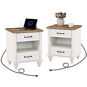WAMPAT Set of 2 White Nightstands with Charging Station & 2 Drawers, Mid Century Modern End Tables Side Table for Living Room, Wooden Nightstand Bedside Table for Bedroom & Dorm