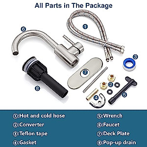 Midanya Single Handle Bathroom Sink Faucet, Wet Bar Pre-Kitchen Farmhouse RV Small Vanity Faucet with 360°Rotation Spout with Deck Plate, Supply Hoses and Drain Stopper,Brushed Nickel