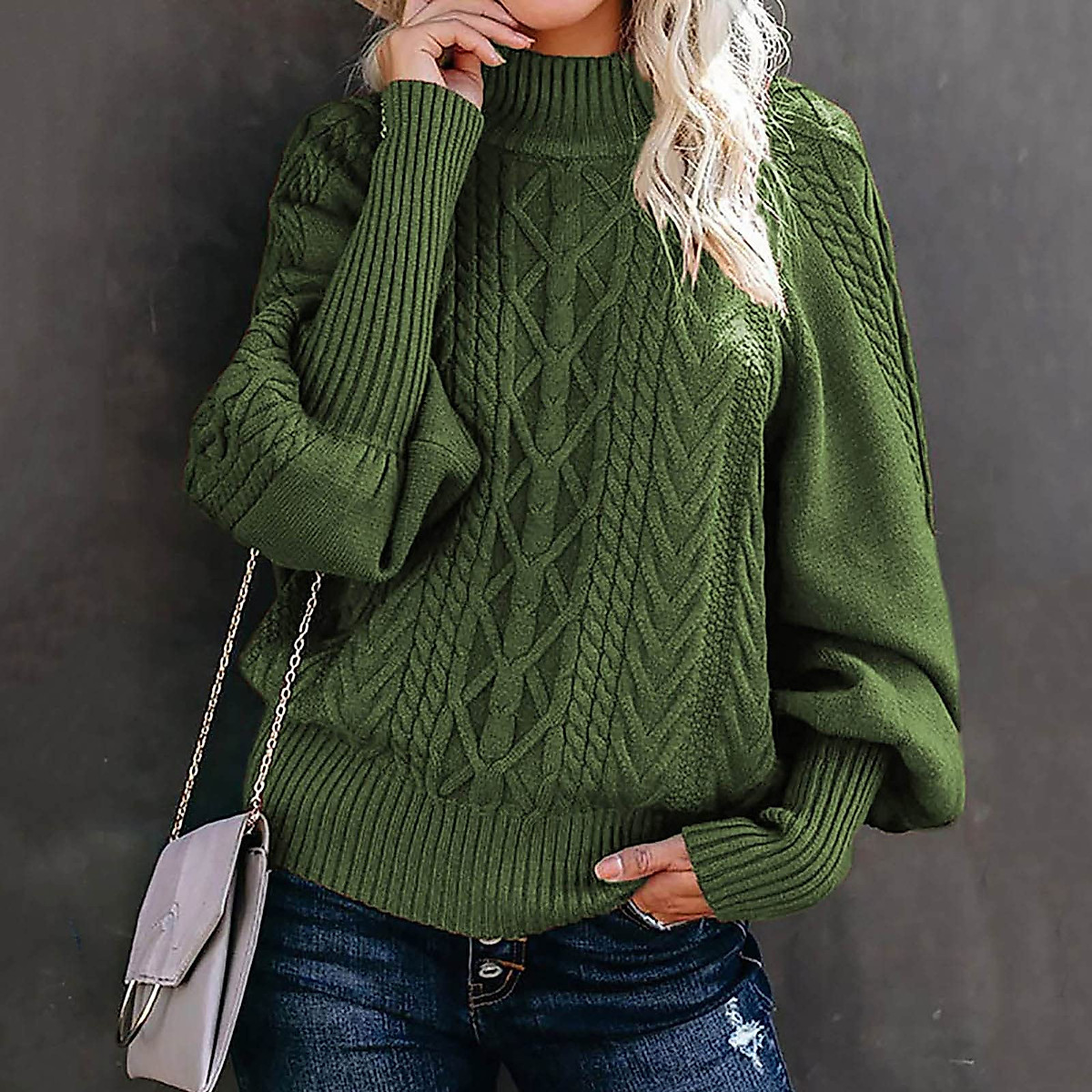 Casual Knitted Sweater Tops for Women Cable Knit Lantern Sleeve High Neck Sweaters Fall Winter Warm Pullover Jumpers Army Green