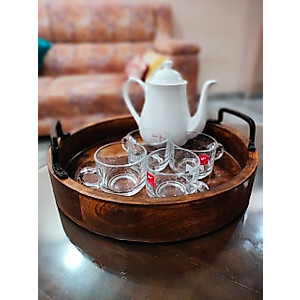 Handcrafted Antique Rustic Wooden Round Serving Trays Round with Handles Brown Kitchen Accessories Set of 2