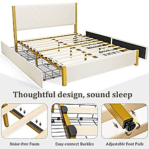 Giantex Full Size Upholstered Bed Frame, Wooden Slatted Bed with Adjustable Headboard & 4 Storage Drawers, Deluxe Platform Bed Frame with 1300 LBS Weight Capacity, No Box Spring Needed, Gold&Beige