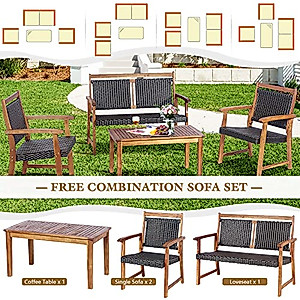 Tangkula 4 Pieces Patio Rattan Conversation Set with Acacia Wood Frame, Patiojoy Outdoor Furniture Set with Chairs & Coffee Table, Sectional Furniture Set for Garden, Backyard, Poolside
