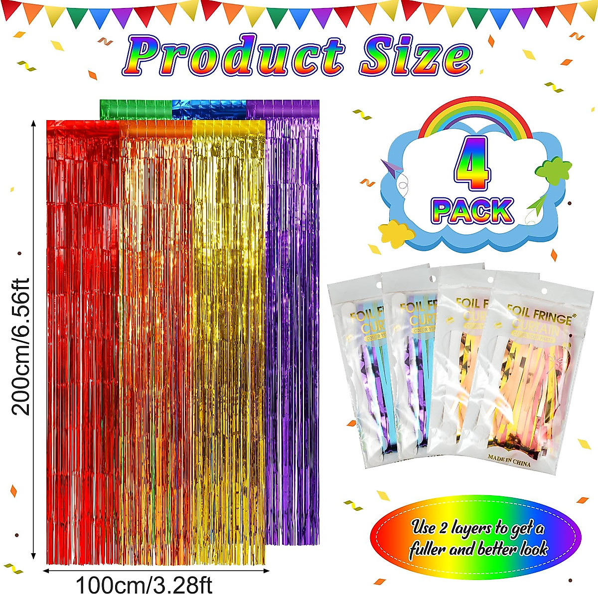 4Pack 3.3X6.6Ft Rainbow Foil Fringe Curtains Backdrop Decorations, Rainbow Metallic Tinsel Foil Streamers Curtain Photo Booth Background for Birthday Wedding Engagement Bridal Shower Party Decorations
