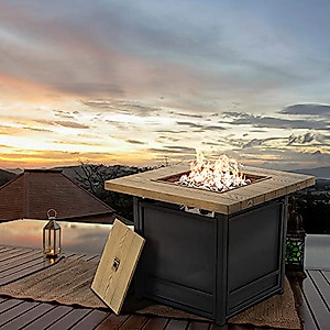 Grand Patio 29 Inch Propane fire Pit,Outdoor fire Pit All-Weather Wood Grain Square Stainless Steel smokeless firepit Table with Sling Base, Light Brown Tabletop/Square