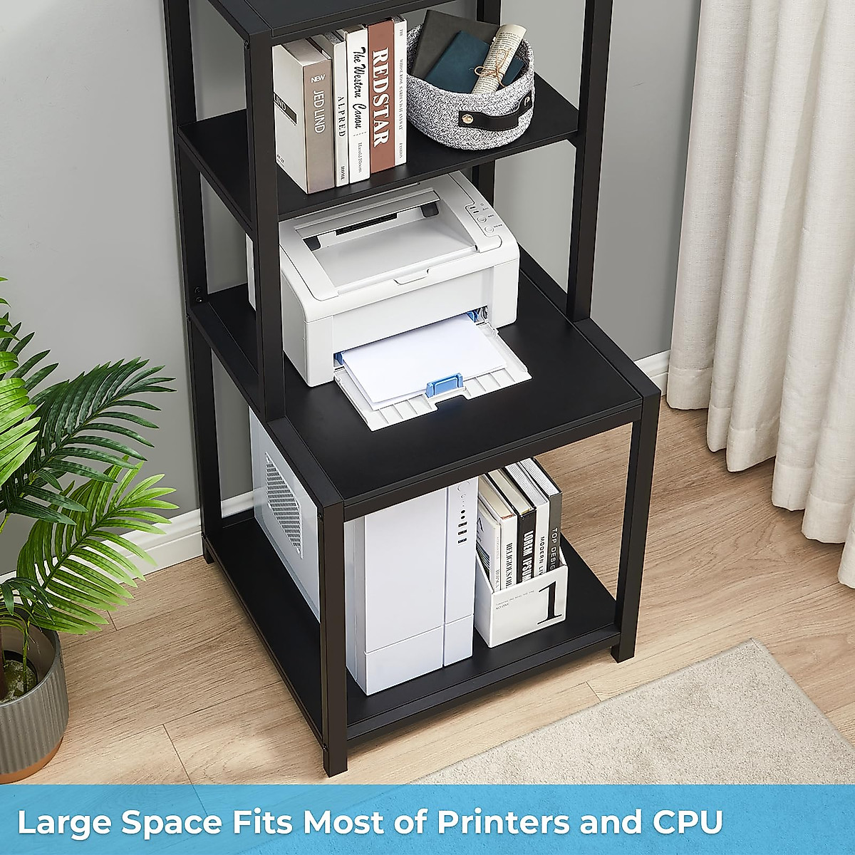 GreenForest Computer Home Office Desk with Monitor Stand and Storage Shelves on Left or Right Side, Printer Stand with Storage Shelf, 49.2 inch Large Tall 4 Tier Printer Table for Home Office Organiza