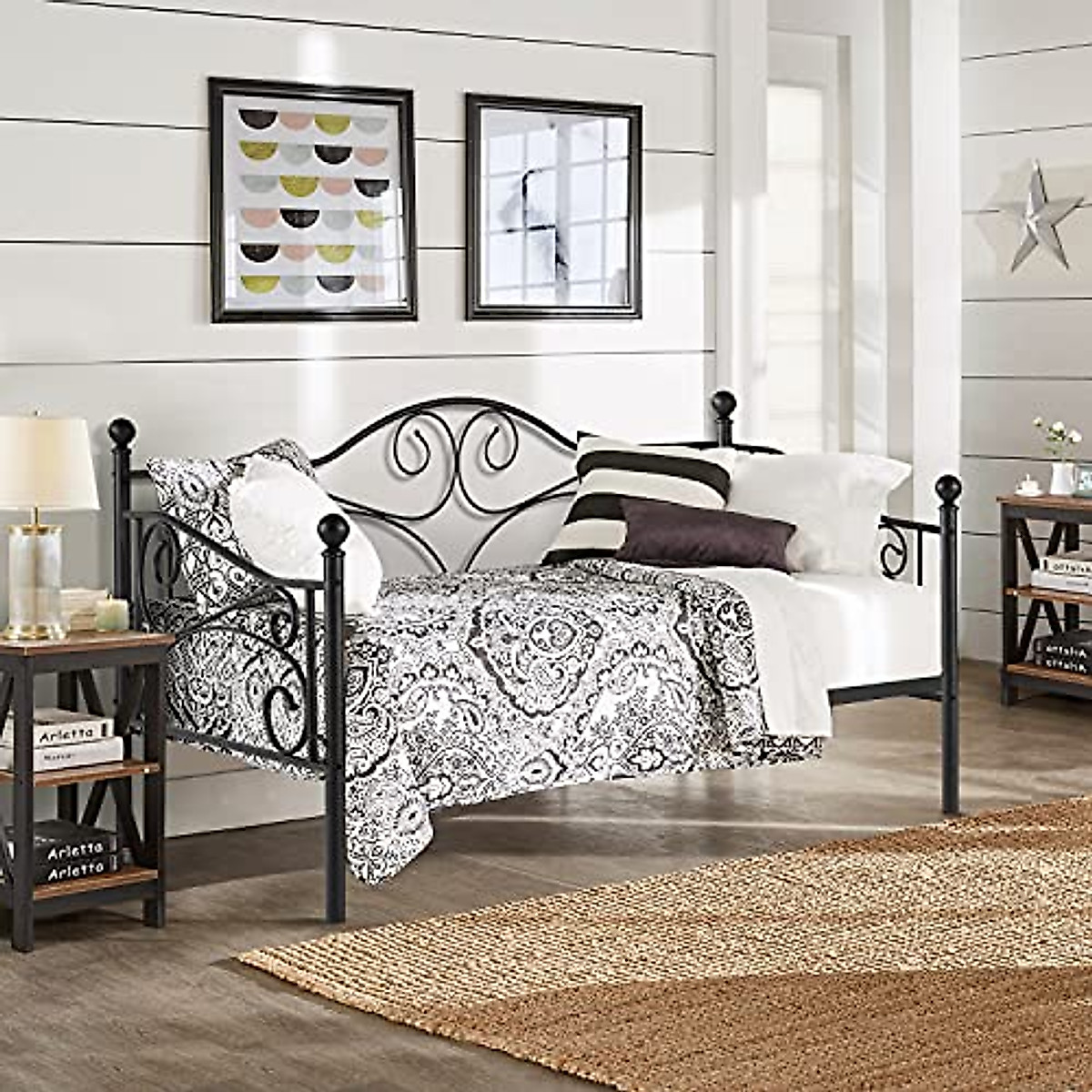 VECELO Premium Daybed Metal Bed Frame Twin Size Steel Slat Support/Strong Legs Headboard/Mattress Foundation, Multi-Functional Furniture