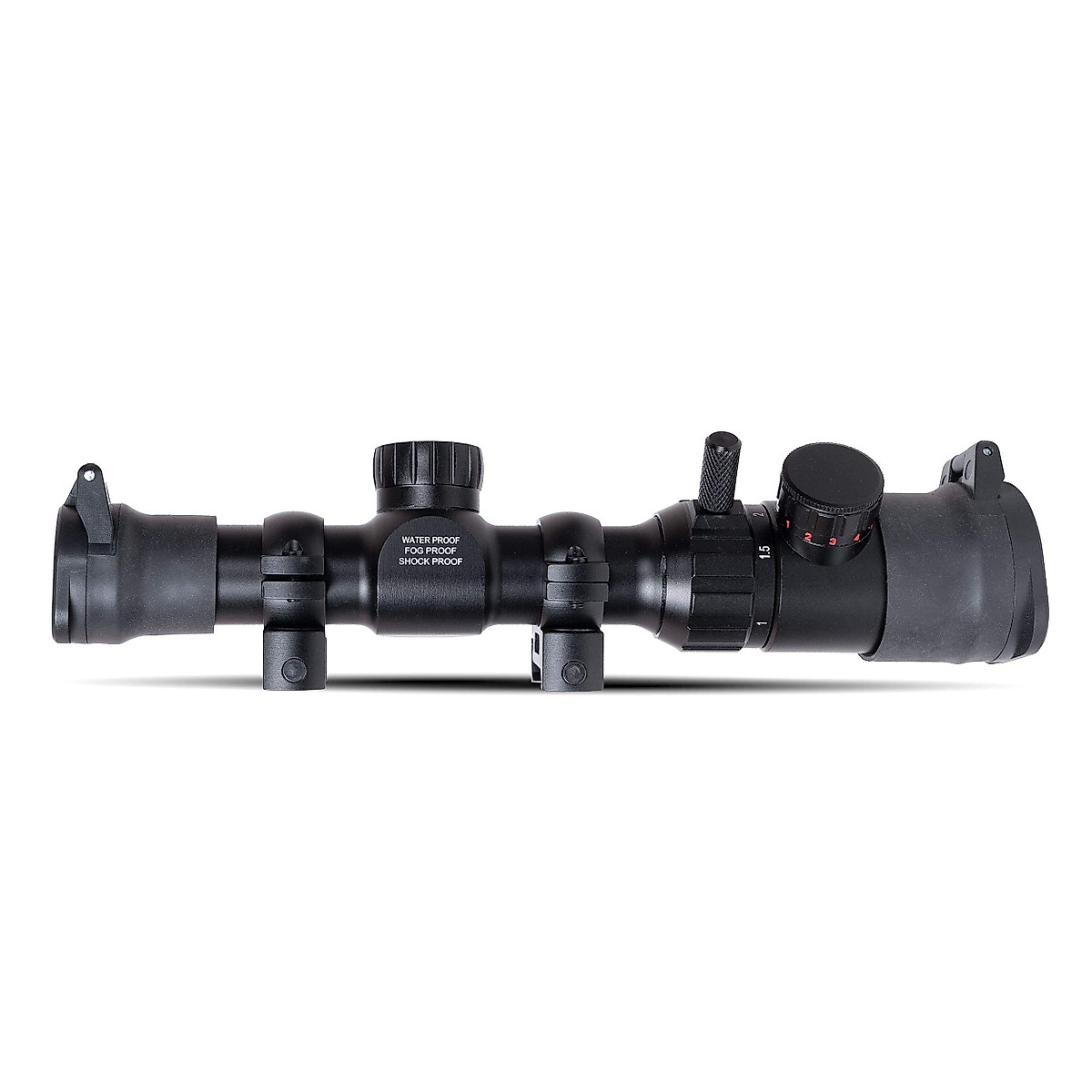 Monstrum 1-4x20 Rifle Scope with Rangefinder Reticle and Medium Profile Scope Rings | Monstrum Flip Up Lens Cover Set | Bundle