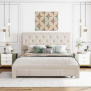 Queen Size Velvet Upholstered Platform Bed Frame with Headboard & Storage Drawer, Platform Bed with Sturdy Wooden Slats Support, No Box Spring Needed for Bedroom Small living Space (Beige, Queen)