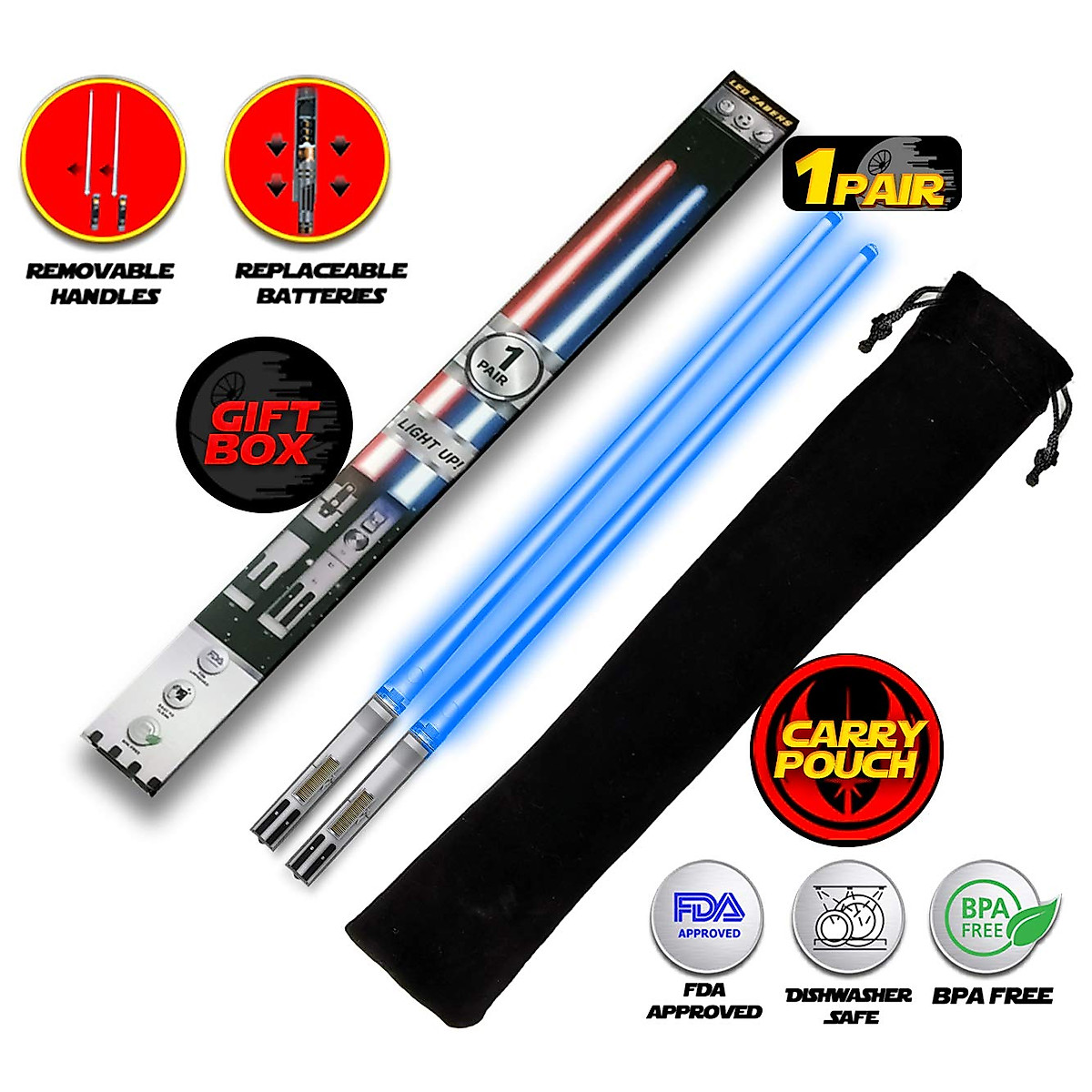 LIGHTSABER CHOPSTICKS LIGHT UP STAR WARS LED Glowing Light Saber Chop Sticks REUSABLE Sushi Lightup Sabers - Removable Handle Dishwasher Safe - Premium GIFT BOX & CARRY CASE Included - BLUE 1 PAIR