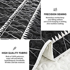 Black Quilt Set King, Black Striped Triangle Pattern Printed Bedspread Coverlet, 3 Pieces (1 Quilt + 2 Pillowcases), Soft Microfiber Bohemian Bedding Quilt Coverlet for Summer 90"x103"