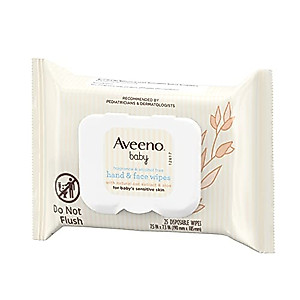 Aveeno Baby Fragrance Free Hand & Face Wipes with Oat Extract & Aloe, Cleansing & Moisturizing Baby Wipes for Sensitive Skin, Sulfate-, Alcohol-, & Paraben-Free, Hypoallergenic, 25 ct
