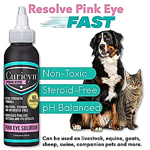 Curicyn Pink Eye Solution, Conjunctivitis Eye Drops for Dogs, Cats, Livestock and Horses – Pain Free, Non-Steroidal Dog Eye Wash with Purified Anolyte - Effects Observed in 1-3 Days - 3 oz