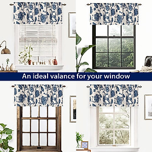 DriftAway Freda Jacobean Floral Linen Blend Blackout Thermal Insulated Energy Saving Privacy Window Linen Curtain Valance Rod Pocket 2 Layers Single 52 Inch by 18 Inch Plus 2 Inch Header Navy Beige