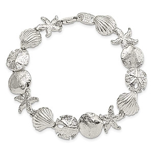 Solid 925 Sterling Silver Seashells Bracelet - with Secure Lobster Lock Clasp 7"