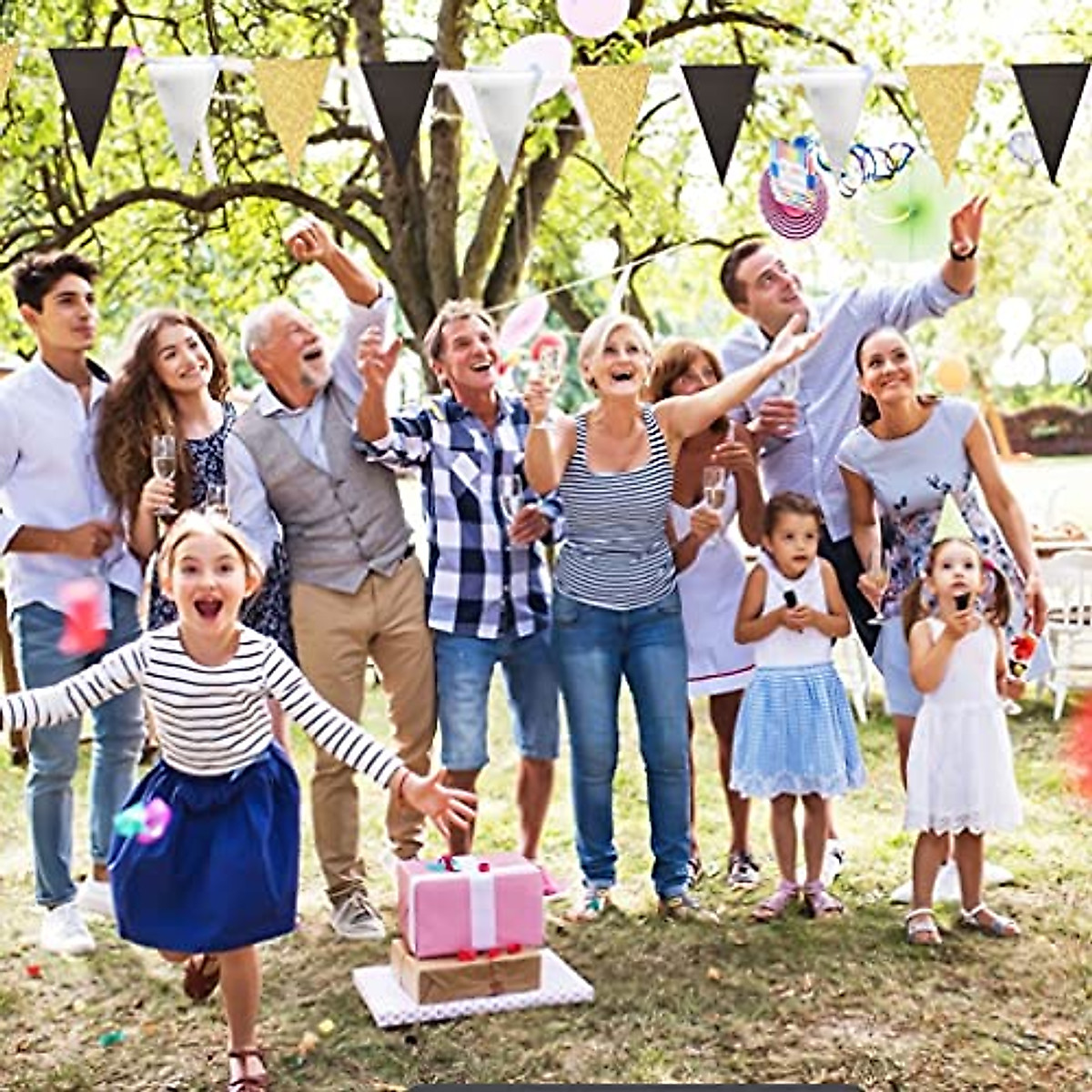 Triangle Flag Bunting Banner, MerryNine 3 Pack 30 Feet Vintage Style Pennant Banner for Wedding, Baby Shower, Event & Party Supplies 78pcs Flags (Triangle Flag - Black Silver Gold Glitter)