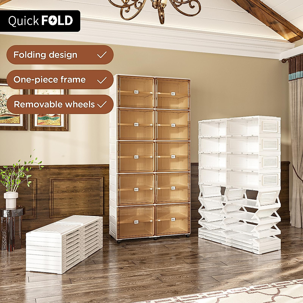 Mayi Box Portable Shoe Storage Cabinet for Closet Entryway with Wheels,Foldable Shoe Rack Organizer with Magnetic Clear Door, Large Sneaker Cabinet Bins Sturdy Easy Assembly 10 Tiers 40 Pairs