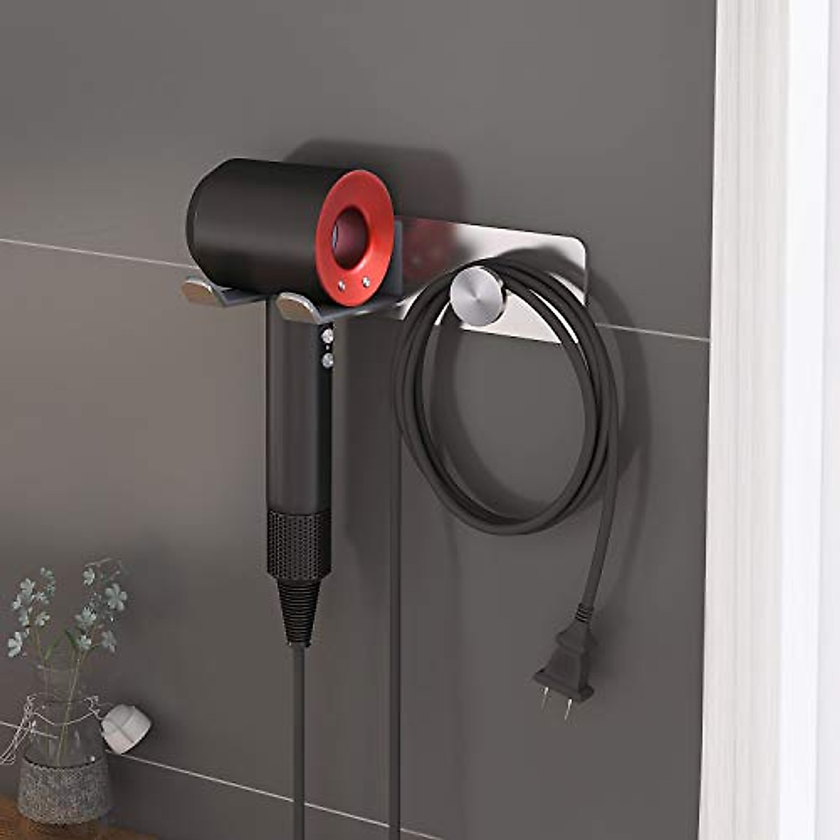 FLE Hair Dryer Holder Wall Mounted, Stainless Steel Self Adhesive Blow Dryer Holder Rack for Dyson Supersonic Hair Dryer,Silver
