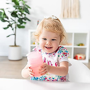 Bumkins Baby and Toddler Cups, Sippy Cup with Straw, Spill Proof, Transition Cup for Babies Ages 1 Year, Safely Sip from Lid, Straw or Cup, First Year Supplies, Platinum Silicone, Holds 7oz, Pink