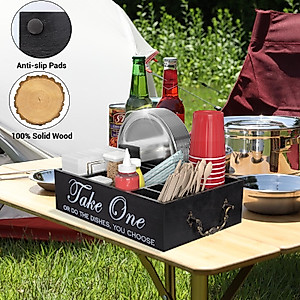 Paper Plate Holder for Kitchen Counter, Paper Plate Holders Utensil Caddy Organizer, Wood Disposable Paper Plate Dispenser for Cup, Plate, Fork, Spoon, Napkin, Silverware Holder for Party, Picnic