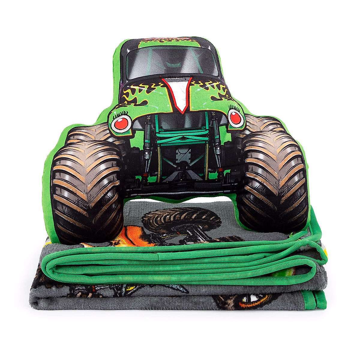 Jay Franco Monster Jam Grave Digger Nogginz Set - 40 x 50 Inch Lightweight Travel Throw Blanket & Pillow - Kids Super Soft 2 Piece Bedding Set