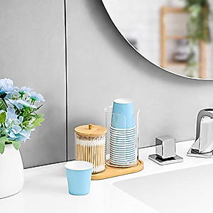 VITVITI Bathroom Cup Dispenser, Paper Cup Holder for Mouthwash Dispenser, Floss Cotton Swab Canister Cotton Ball Holder for Vanity with Bamboo Tray/Lid, Clear