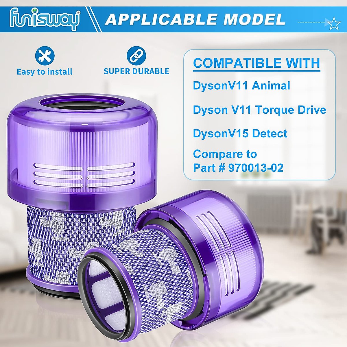 2 Pack Replacement V11 Filters for V11 Torque Drive V11 Animal V15 Detect Vacuum, Replace Part 970013-02
