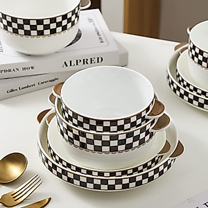 Porlien Checkered 8-Piece Plates and Bowls Set with Handles, Set of 2, Dessert/Cereal Bowls & Salad/Soup/Dessert Plates