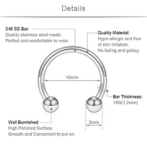 SCERRING 12PCS 316L Stainless Steel 16G Circular Barbells Eyebrow Lip Ear Tragus Horseshoe Hoop Rings with Balls 10mm