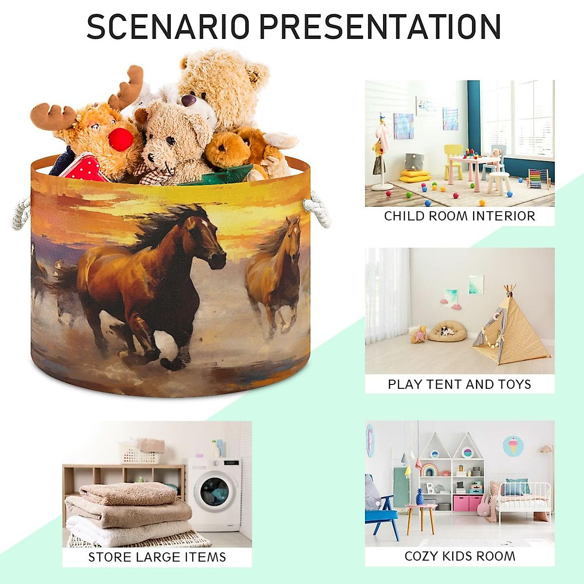 xigua Large Storage Basket Cotton Rope Basket Horse Farm Fence Pattern Baby Laundry Basket for Blankets Toys Storage Basket Laundry Hamper