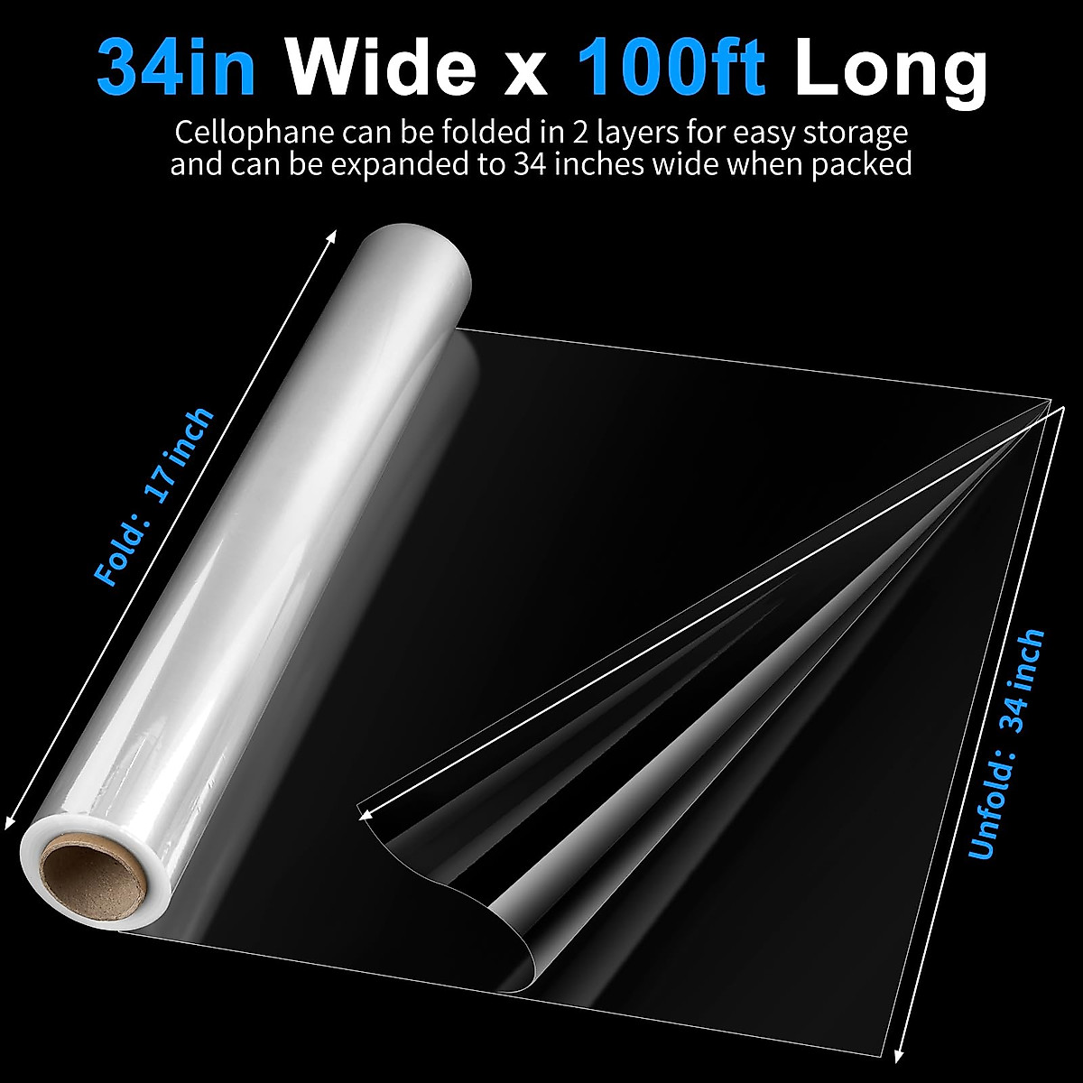 Mauproy 34 In x 100 Ft Clear Cellophane Wrap Roll, Extra Wide, 2.5 Mil Thick Transparent Plastic Gift Wrapping Paper for Baskets, Flower Bouquets, Gifts, Treats, Christmas