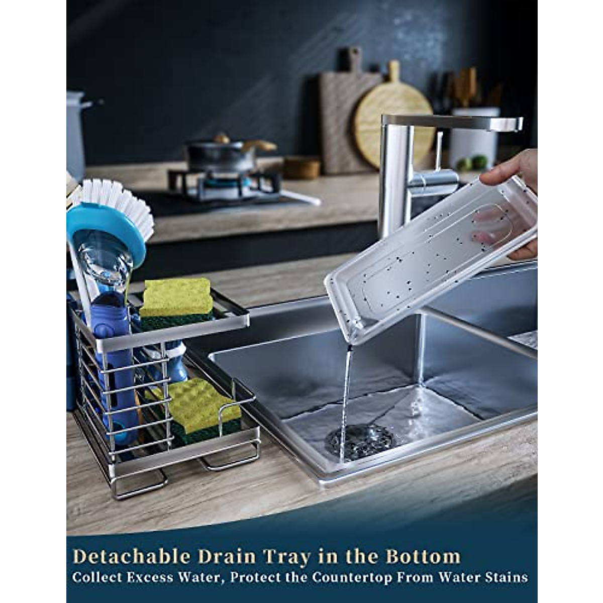 Consumest Kitchen Sponge Holder Sink Caddy, Double-layer Soap Sponge and Brush Holder with Removable Drain Tray, SUS304 Stainless Steel Kitchen Sink Organizer, Silver (8.26 × 4.72 × 5.11 inch)