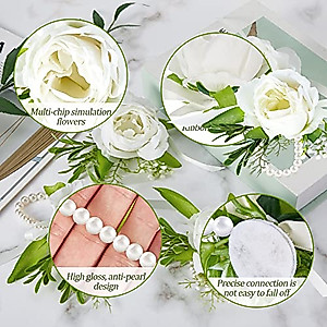 4 Pieces White Ivory Rose Wrist Corsage Boutonniere Wrist Corsage Artificial Rose Wrist Flowers Pearl Corsage Wristlet Artificial Bridesmaid Wrist Flowers for Women Bride Bridesmaid Party Prom Wedding