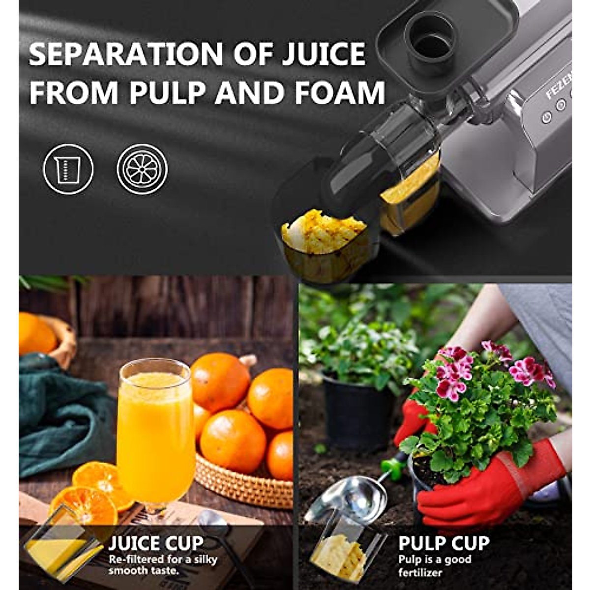 Juicer Machines, Fezen Slow Masticating Juicer Extractor, Cold Press Juicer with Two Speed Modes, Quiet Motor/Reverse Function, Higher Juice Yield Slow Juicer for Vegetables & Fruits, Easy to Clean