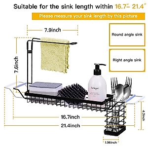 LOLOST Sink Caddy Sponge Holder, Expandable (16.7"-21.3") Kitchen Telescopic Sink Storage Rack , 4-in-1 Telescopic Sink Shelf with Dish Towels Drying Rack, Black