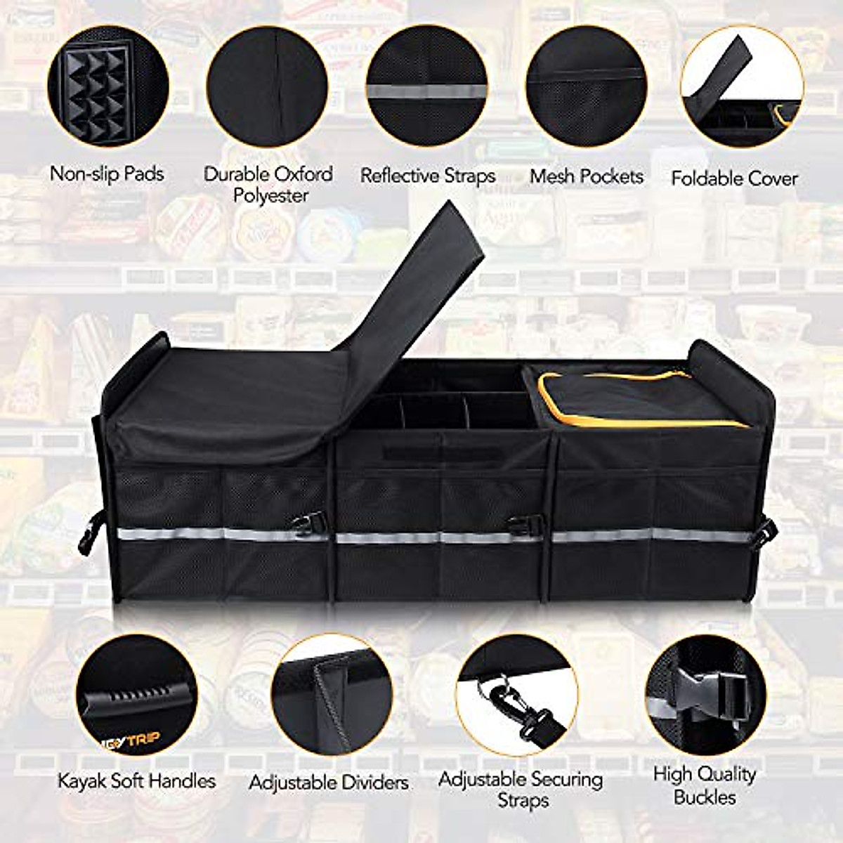 HEYTRIP Large Trunk Organizer With Built-in Leakproof Cooler Bag, 2 Tie-Down Straps, 4 Removable Dividers, Foldable Cover, Built with 2mm PE Board