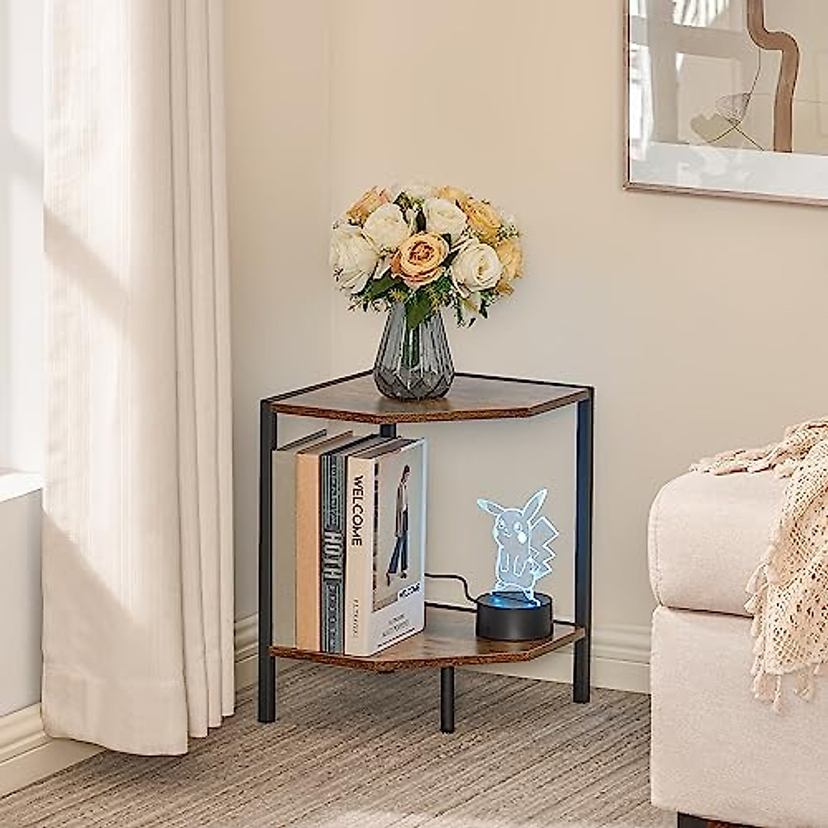 HOMCENES Corner Shelf Stand, Industrial 2 Tier Wall Corner Bookshelf with Metal Frame, Corner Display Rack Plant Flower Shelf, Corner Shelves for Living Room Decor, Bedroom, Bathroom, Rustic Brown