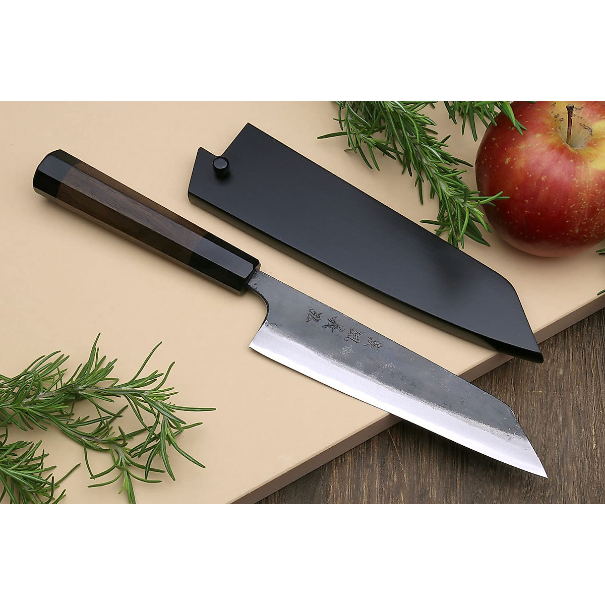 Yoshihiro Mizu Yaki Blue High Carbon Steel #1 Black Forged Petty Kiritsuke Japanese Utility Knife Shitan Handle (6'' (150mm) & Saya)