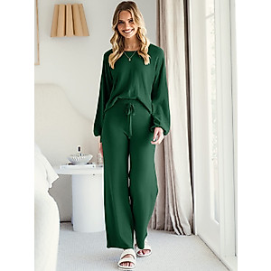 ANRABESS Women’s Two Piece Crop Top & Wide Leg Pants Lounge Sweater Sets 2024 Fall Knit Sweatsuits Cozy Trendy Outfits Deep Green Medium