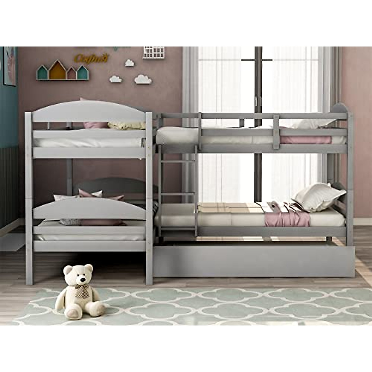 Quad Bunk Bed with Trundle L-Shape Bunk Bed Twin Over Twin Corner Bunk Bed for 4 or 5 Kids Boys Girls Teens, Gray