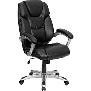 Flash Furniture Heather High Back Black LeatherSoft Layered Upholstered Executive Swivel Ergonomic Office Chair with Silver Nylon Base and Arms