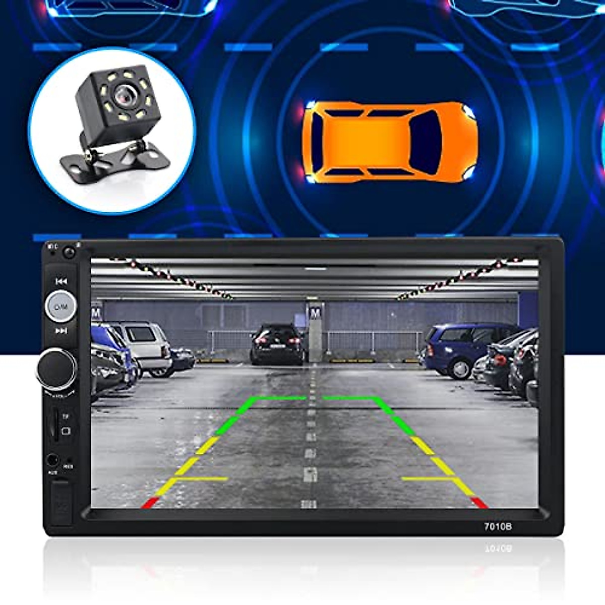 SKsek Double Din 7 Inch Car Stereo with Mirror Link, MP5 Multimedia Sensitive Touch Screen Car Radio with 8LED Backup Camera, Remote Control Support Multiple Audio FM Radio Wireless USB/SD/AUX