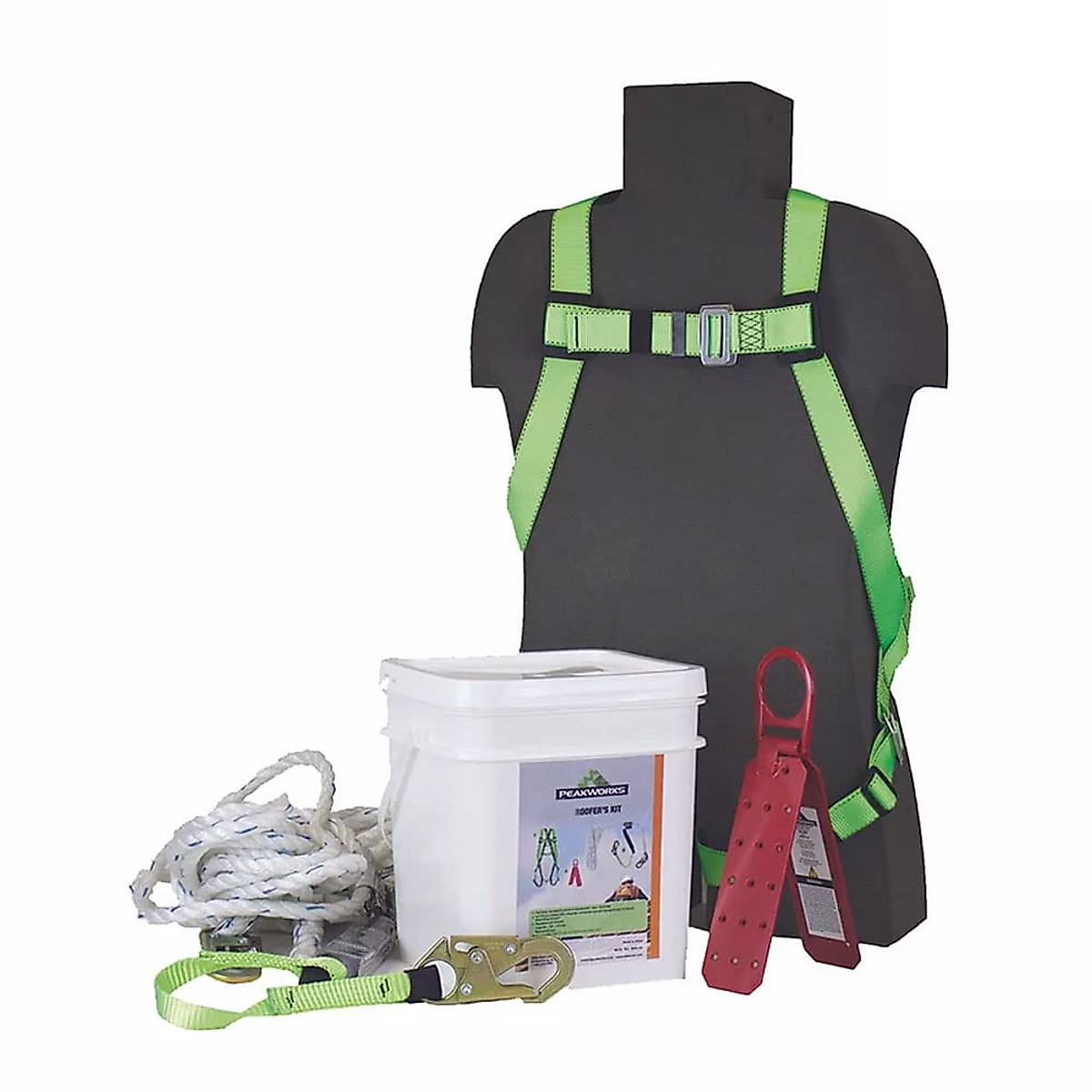 Peakworks Fall Protection Contractor Roofers Kit, with 3' Shock-Absorbing Lanyard, Double-Locking Snap Hook, 50 ft Long, 310 lbs Capacity, V8257282