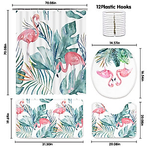 Tititex Pink Flamingo Tropical Leaves Shower Curtain Set 4PCs with Non-Slip Rugs,Toilet Lid Cover and Bath Mat,Teal Bathroom Decoration 71x71 Inch with Hooks